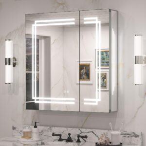 tetote medicine cabinet bathroom led mirror 30x32 inch 3 colors stepless dimming anti-fog memory funtion surface recessed wall mounted medicine cabinets