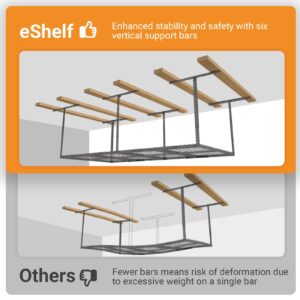 eShelf 4ftx8ft Overhead Garage Storage Rack, Heavy-Duty Metal Garage Ceiling Storage Rack, 22''-40" Adjustable Ceiling Drop-Down, 600 lb. Loading Weight Capacity, Hammertone