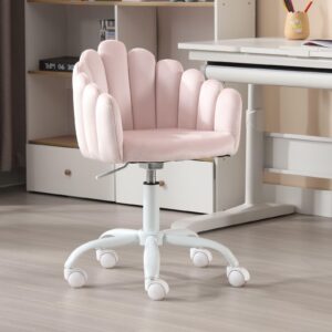 lukealon kids cute swivel desk chair, velvet child study chair with rolling wheels and arms, comfy upholstered height adjustable teen vanity chair for home bedroom school, pink