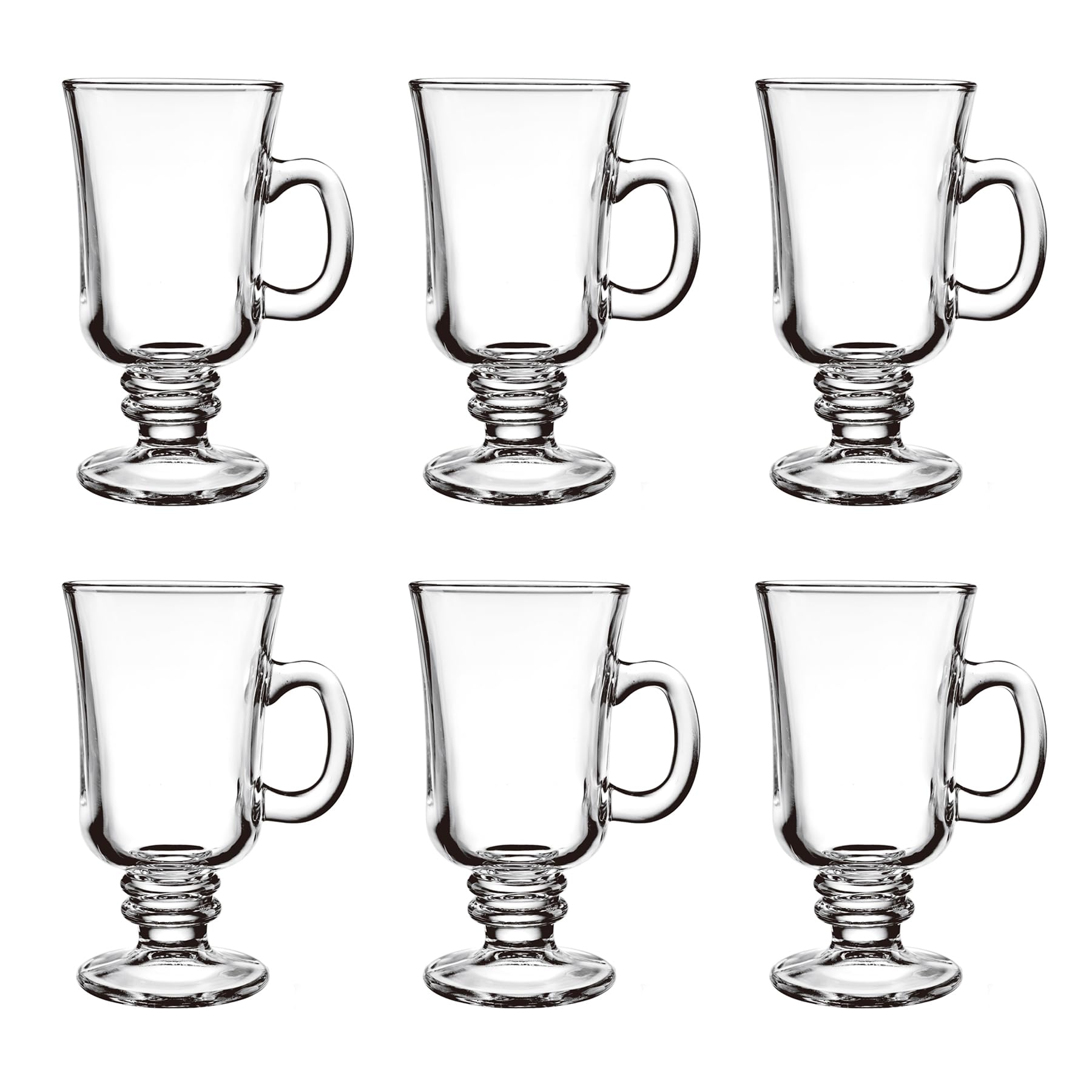 binsakao Set of 6 Irish Coffee Mugs, 8 Oz Glass Footed Espresso Cups with Handles, Clear Goblet Mugs Glasses for Coffee, Latte, Cappuccino, Smoothie, Hot Cold Beverages