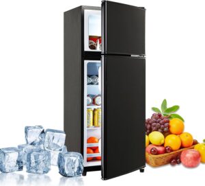 fcicarn 3.5 cu. ft. compact refrigerator, energy efficient mini fridge with freezer, double doors, 7-level thermostat for small spaces, black