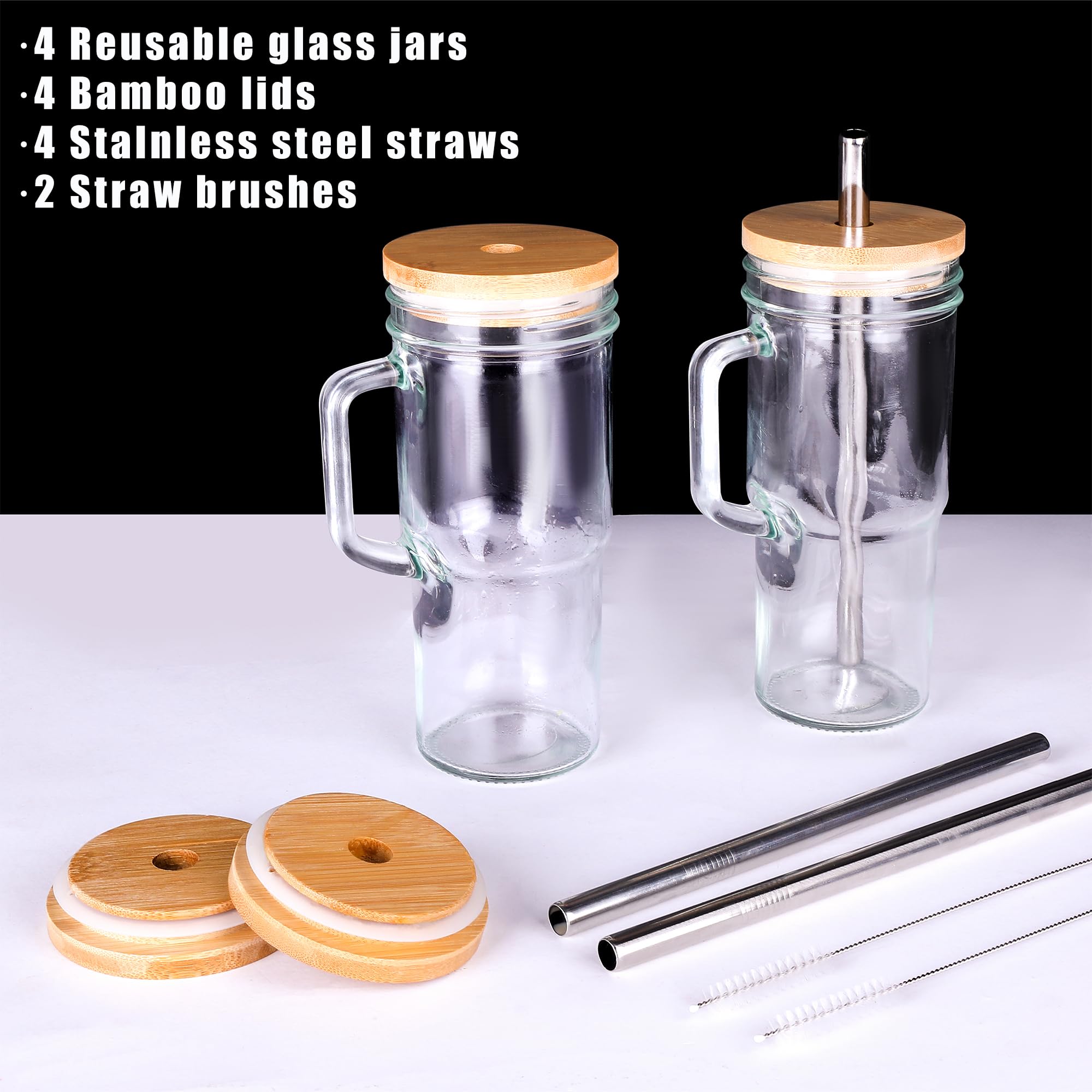 24oz Glass Cup with handle - glass cup with bamboo lids and straw 2pack