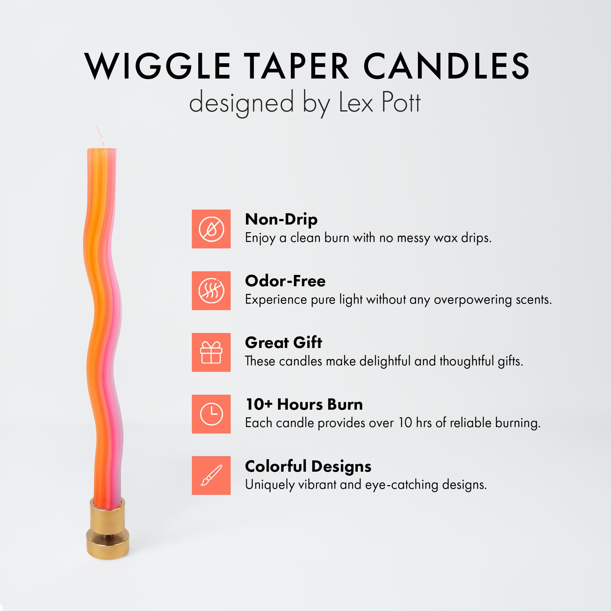 Wiggle Candles (2 Pack) - Joyful Dancing Design Taper Candlesticks | Bright Colors | 7/8” diam x 11” Length | Designed by Lex Pott | Made in USA (Orange)