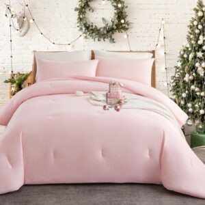 morromorn pink comforter set twin, 4 pcs bed in a bag for all season, pink bed set cloud comforters, fitted sheets, pillowcases, soft for girls kids teen preppy dorm (pink, twin/twin xl)