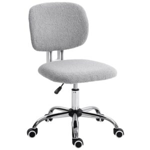 vinsetto cute armless office chair, teddy fleece fabric computer desk chair, vanity task chair with adjustable height, swivel wheels, mid back, light gray