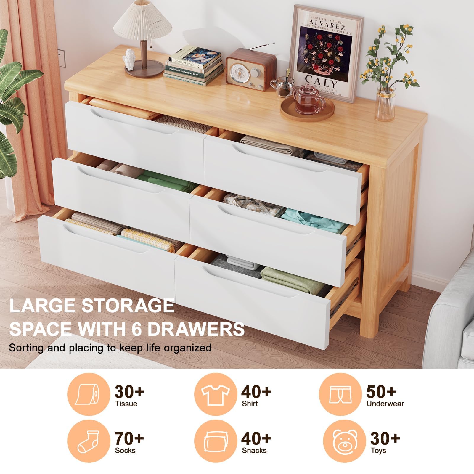 Polynices Bedroom Dressers with Drawers,Large Natural Wood Dresser & Chests of 6 Drawers Storage Organizer, Modern Wide Dresser for Bedroom, Kids Bedroom, Hallway White