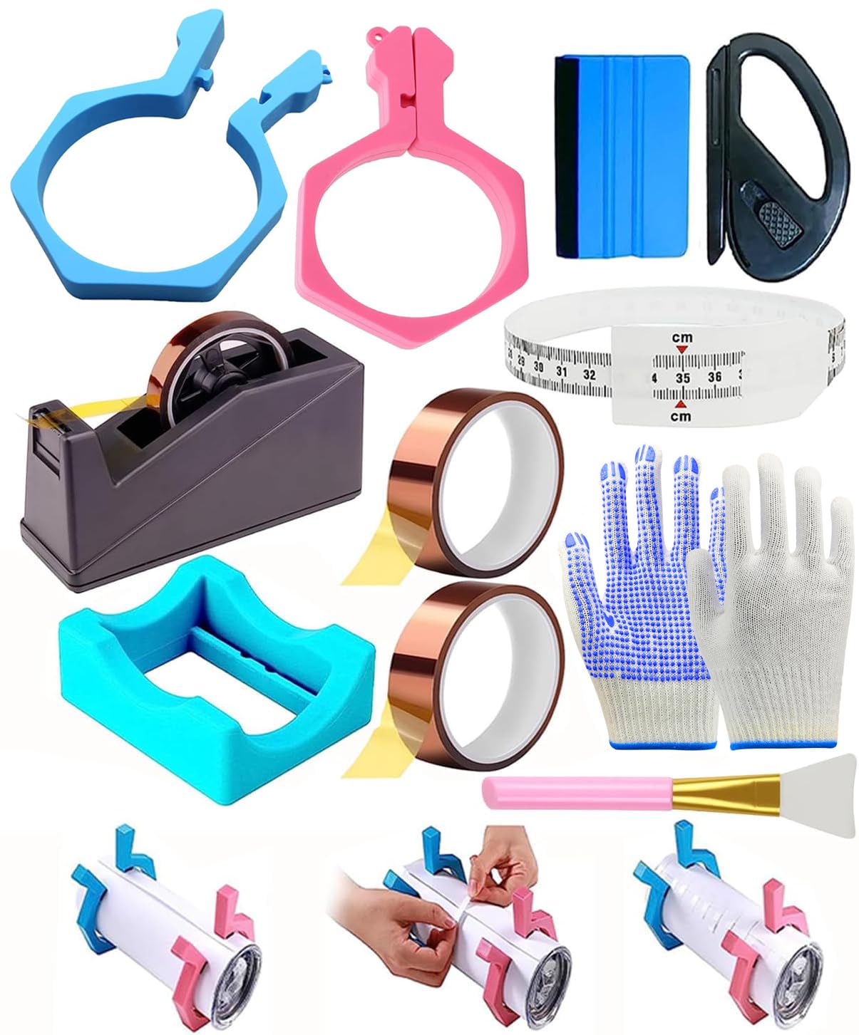 Majreey Sublimation Blanks Tumbler Clamp Tool, for 20 Oz Sublimation Blanks, Heat Resistant Gloves, Heat Tape Sublimation, Heat Tape Dispenser Sublimation Kit, Tumbler Clamp Clamp (Blue,Pink)