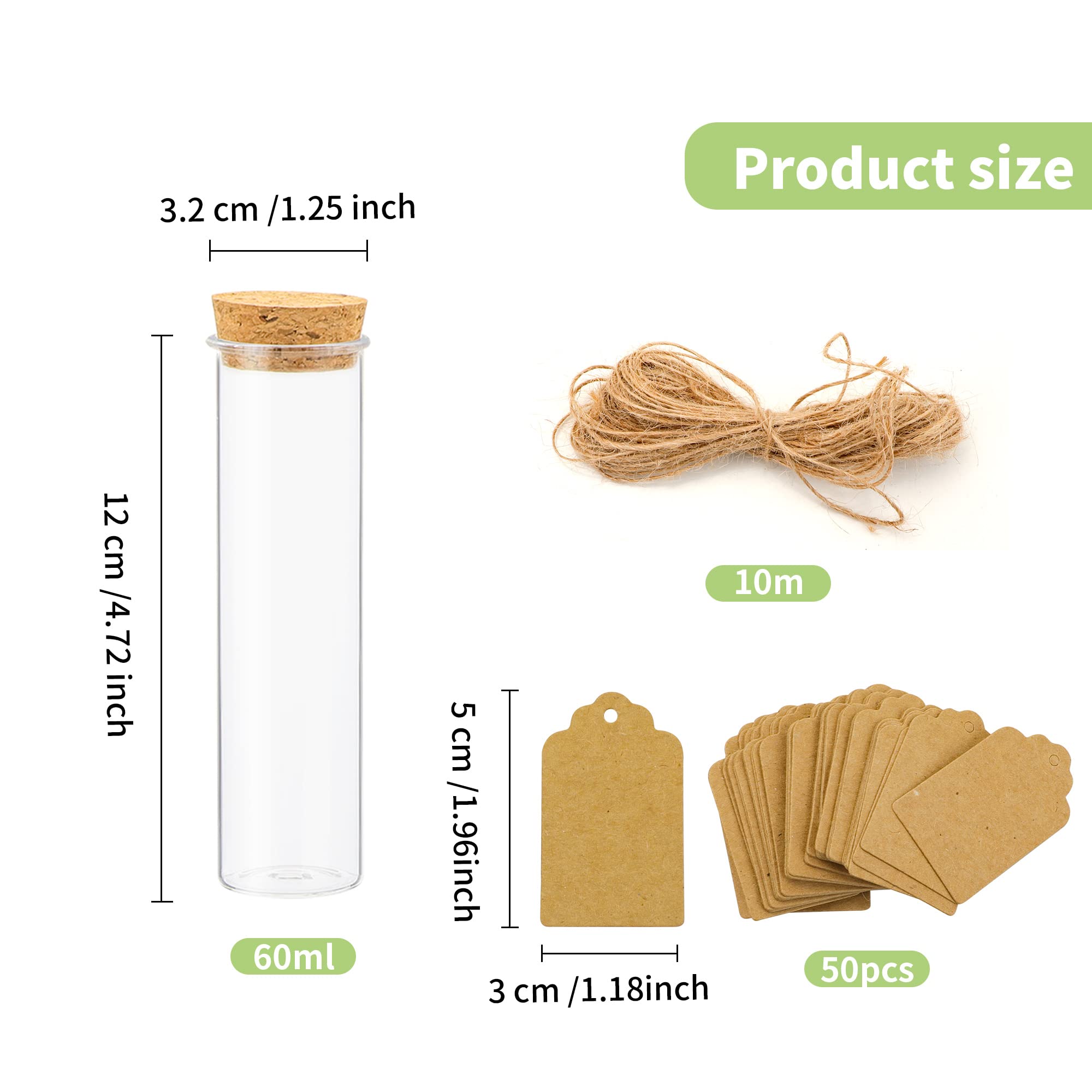 KEJJNYER 20 Pcs 60ml Flat Test Tubes with Cork Stoppers, 120x30MM Clear Plastic Test Tubes Container Plastic Flat Bottom Storage Tubes for Candy Storage Plant, Party