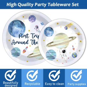 ZOIIWA 200 PCS First Trip Around the Sun Birthday Tableware Disposable 1st Space Party Supplies Outer Space Birthday Party Paper Plates Napkins Forks Baby Shower Party Decoration Serve 50 guest