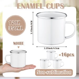 Sliner 16 Pcs Christmas Enamel Mug White Enamel Camping Coffee Mug with Handle Silver Rim Portable Drinking Cup Metal Mug Round Camp Enamel Cup for Tea and Hot Chocolate (12 oz)