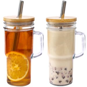 24oz glass cup with handle - glass cup with bamboo lids and straw 2pack