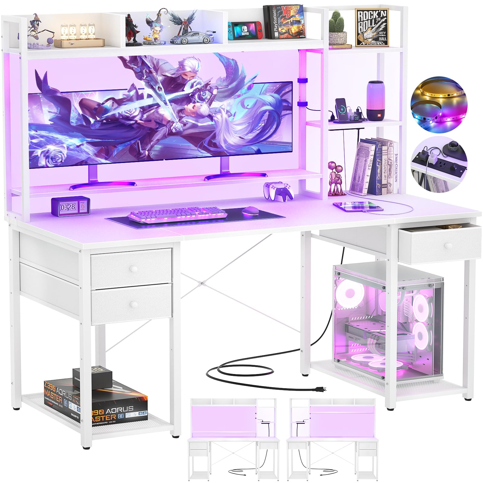 Aheaplus Desk with LED and Outlets, Gaming Desk with Hutch, 55.2'' Computer Desk with Drawers, Reversible Office Desk with Storage Bookshelf Large Workstation Desk with Shelf, Desk for Home, White