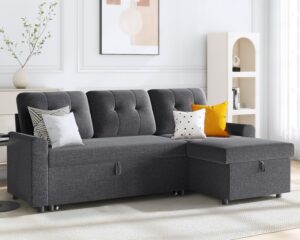 iululu l shaped sectional sofa, convertible sleeper with pullout bed, storage chaise, 2 in 1 pull out couch for living room, apartment, grey