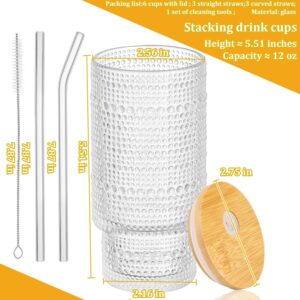 SogYupk Glass Cups Set with Straw/Bamboo Lid,12 oz Stackable Serving Drinking Glasses, Ideal for Whiskey/Cocktails/Juice/Coffee/Beer, Dishwasher Safe,3 Patterns of Vintage Glassware Sets.(6 Pcs)