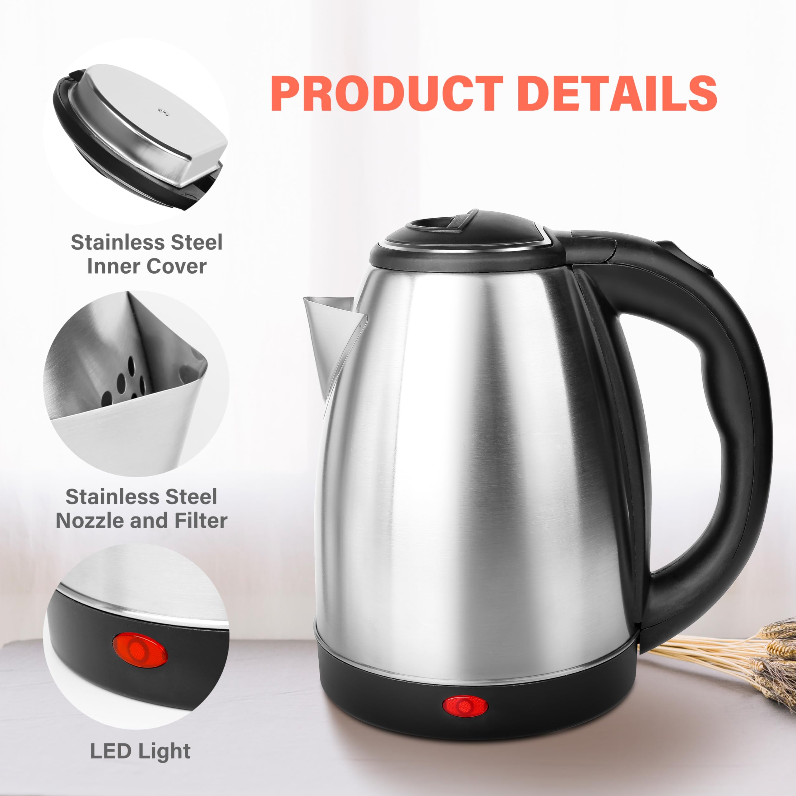 Stainless Steel Electric Tea Kettle, Electric Kettles for Boiling Water, 1.7L Electric Kettle, Cordless Water Boiler with 360 Degree Rotational Base, Automatic Shut Off, 1000W, Silver (Black)