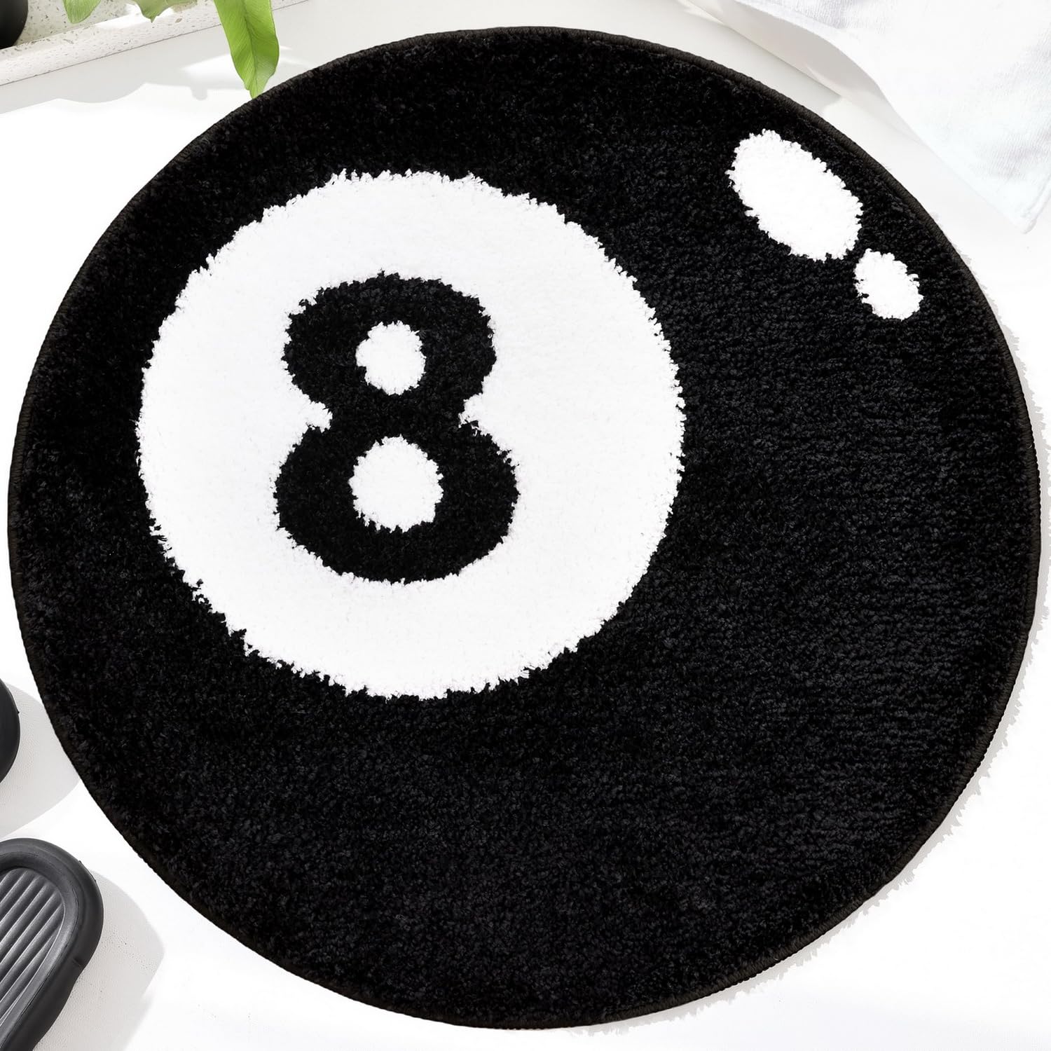 Panstar 8 Ball Rug, 24" Black and White Round Rug Non Slip Cool Aesthetic Rugs, Fun Hypebeast Rug for Bedroom Bathroom Living Room, Washable Y2K Rug for Y2K Room Decor