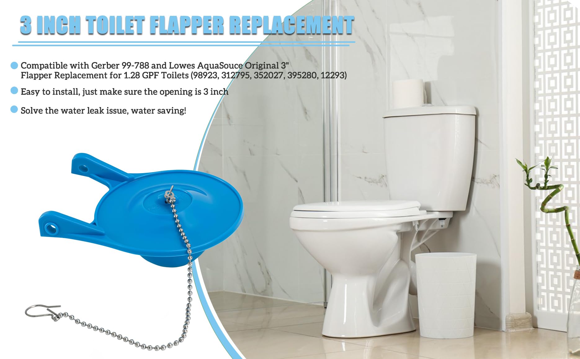 VRSS 3-Inch Opening Toilet Flappers Replacement fit 3 Inch Outlet Pipe Opening Flush Valves Toilets, Compatible with Gerber 99-788, Lowes AquaSource: 1.28 GPF Toilets, 98923 etc. (1)