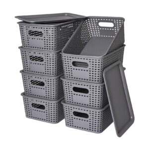 plastic storage baskets with lid-plastic storage containers stackable storage bins: storage baskets for organizing shelves drawers desktop closet playroom classroom office, 8pack-gray,10.2x7.2x4.1inch