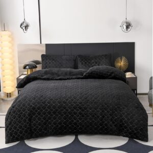 lweipsqlin velvet duvet cover queen size,plush quilt comforter cover ultra soft breathable cozy bedding set zipper closure corner,comforter not included (black, queen)