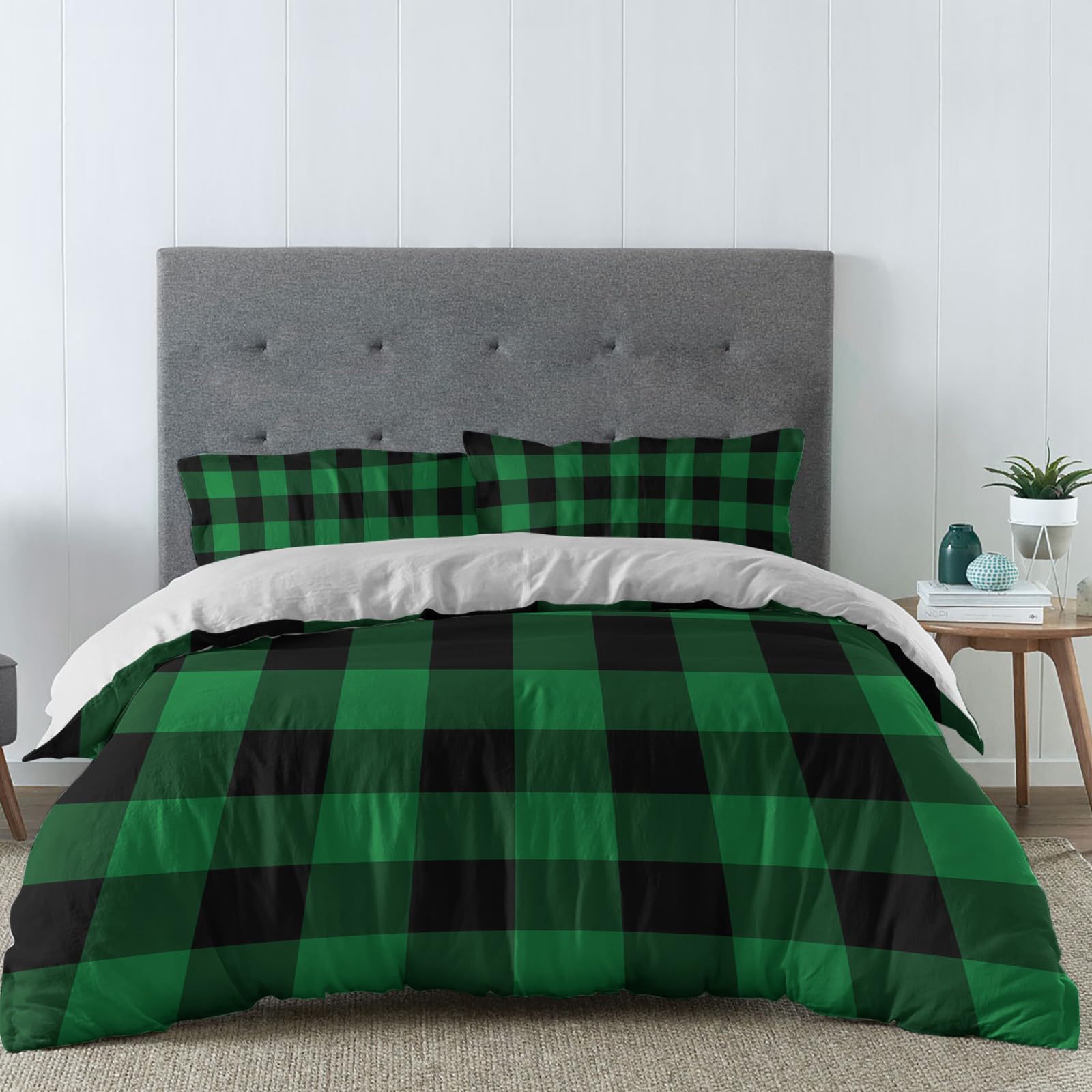 LooPoP Christmas Comforter Sets California King Size Buffalo Check Plaid Soft Bedding Duvet Cover Sets 3 Pieces Green Black Bedding Set with Comforter Cover and 2 Pillow Cases Bedroom Xmas Decor Gift