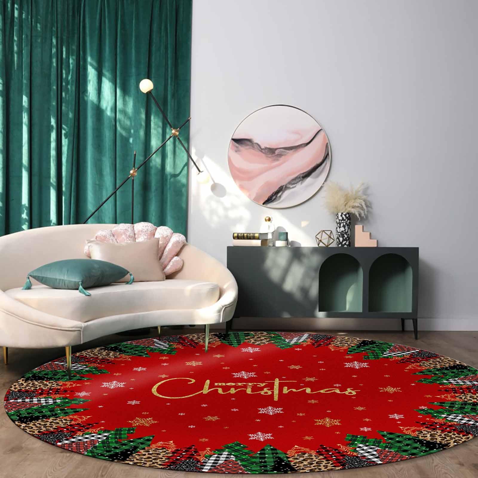 Christmas Round Area Rug 4ft Buffalo Plaid Christmas Trees Floor Carpets Washable Indoor Floor Area Mat Stain-Proof Mat Non-Skid Rugs for Living Room Dining Kitchen Bedroom Nursery, Snowflake