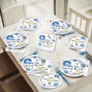 ZOIIWA 200 PCS First Trip Around the Sun Birthday Tableware Disposable 1st Space Party Supplies Outer Space Birthday Party Paper Plates Napkins Forks Baby Shower Party Decoration Serve 50 guest