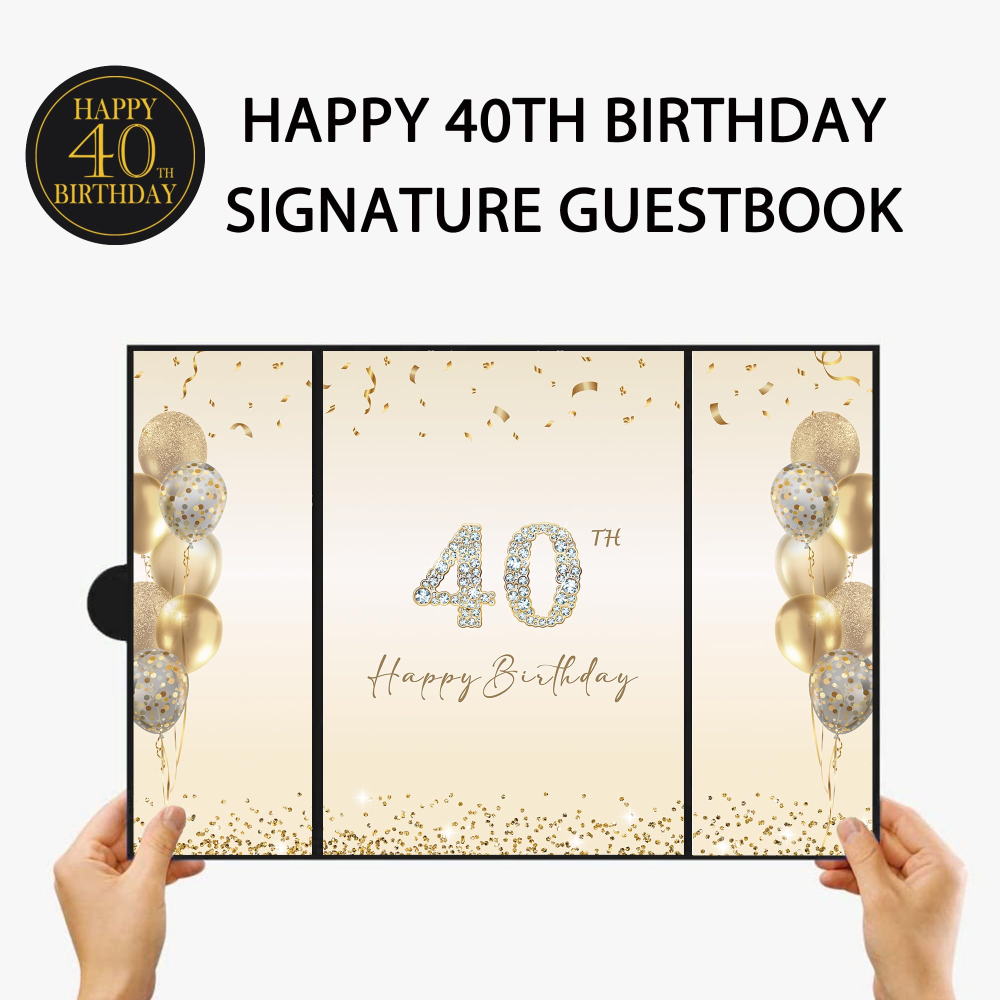 DARUNAXY Black Gold 40th Birthday Party Decorations, Happy 40th Birthday Alternative Signature Guest Book for Men Women 40 Years Old Table Sign Picture Frame Gift 40 Birthday Card Board Party Supplies