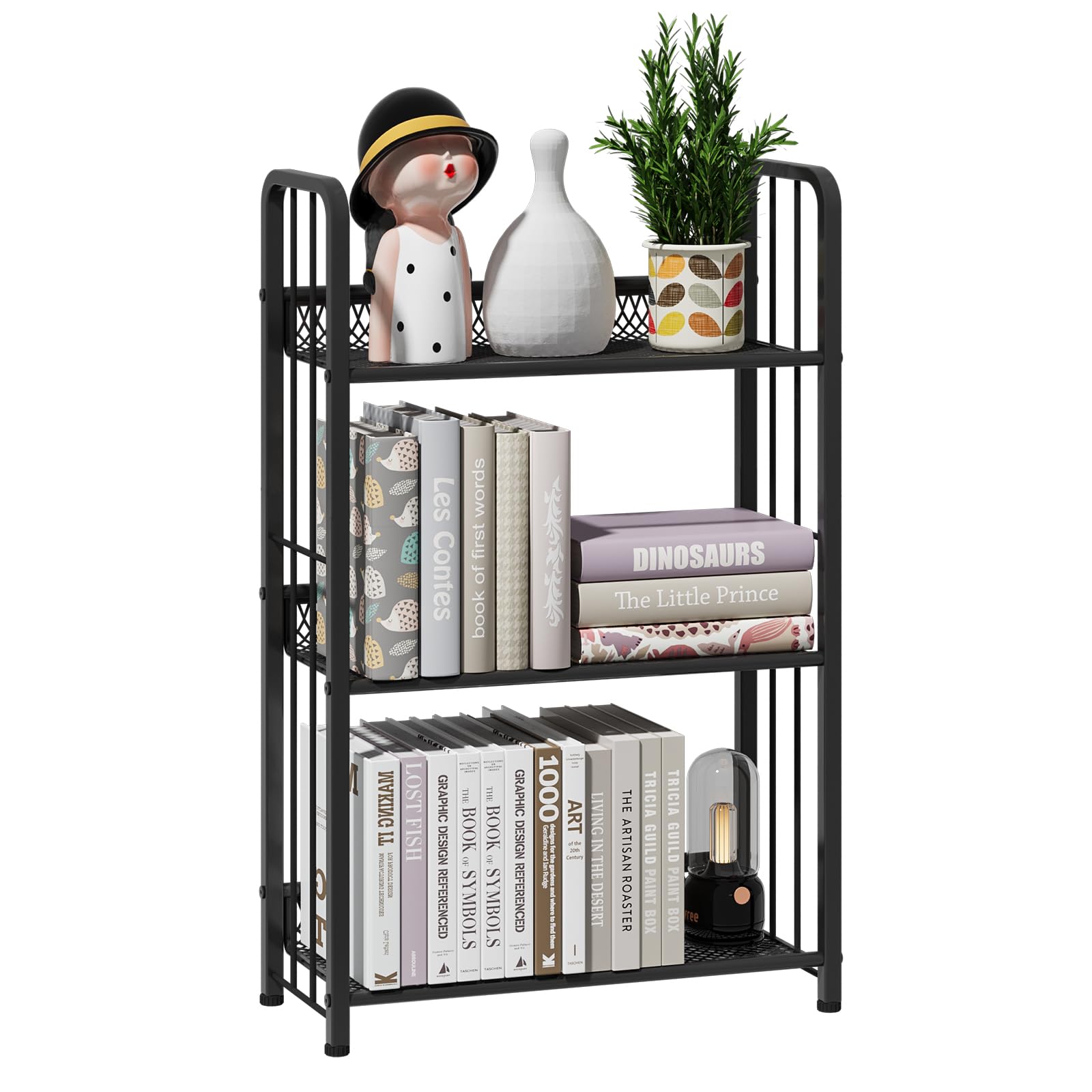 Azheruol Bookshelf Storage Shelf Bookcase Freestanding Storage Stand Book Organizer for Living Room, Bedroom, Kitchen, Rust Resistance,Easy Assembly Multi-Functional Organizer (3 Tiers Black)