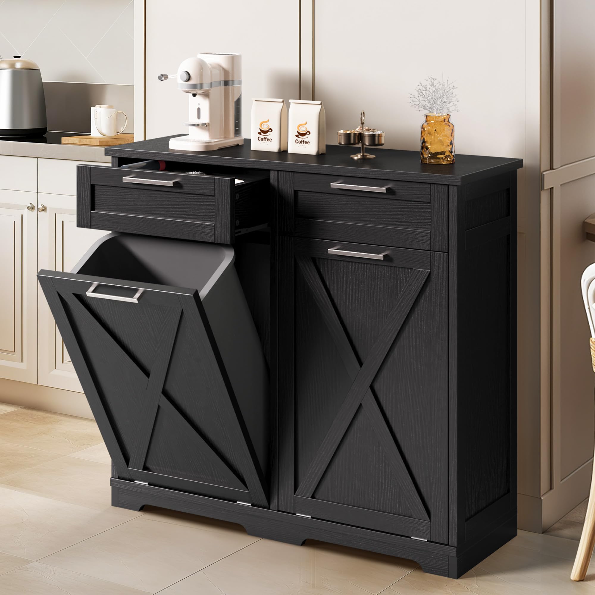 DWVO Double 10 Gallon Tilt Out Trash Bin Cabinet with 2 Drawers, Wooden Trash Can Trash Cabinet Kitchen Island with Garbage Bin Laundry Hamper for Kitchen, 39.4”W x 14”D x 36.8”H, Black