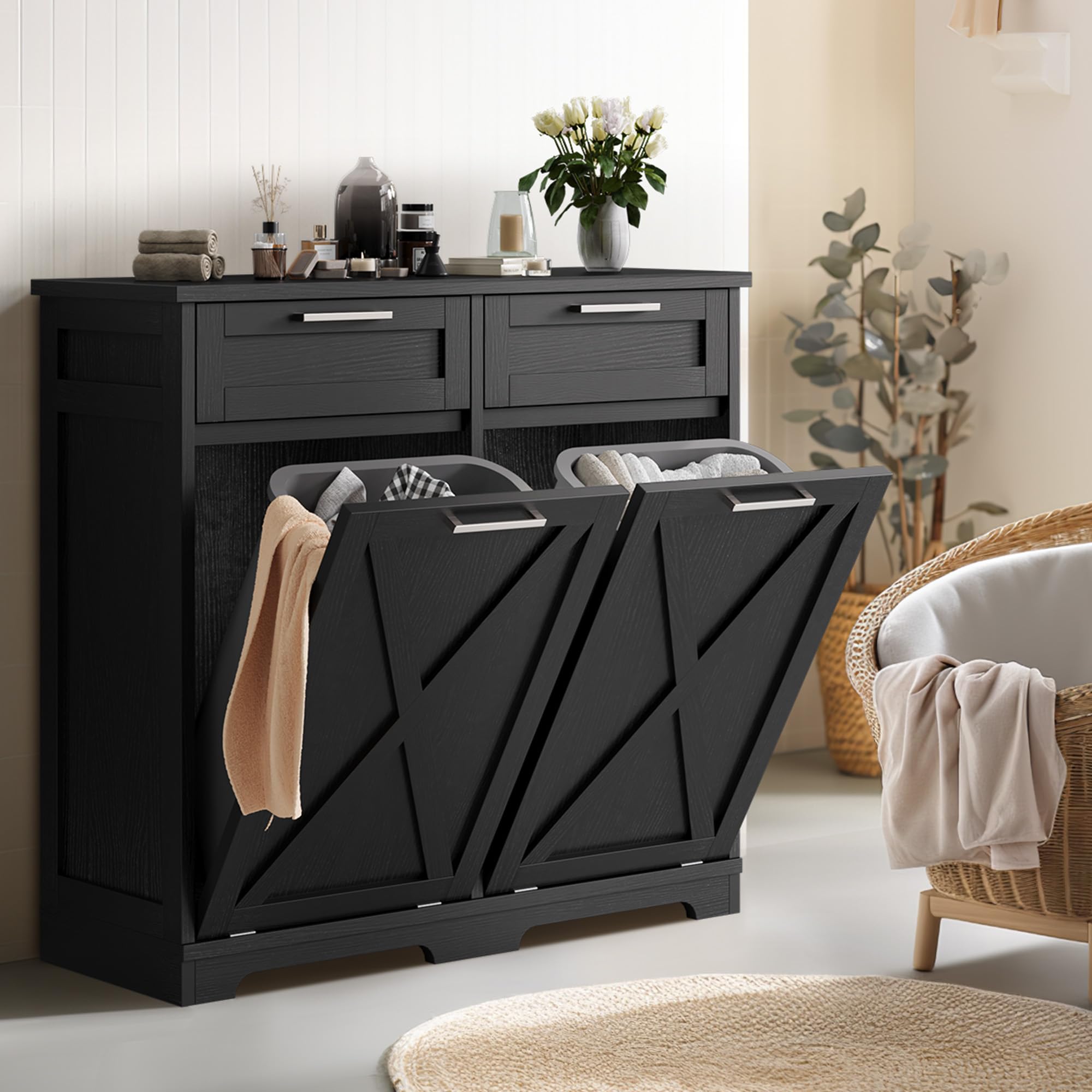 DWVO Double 10 Gallon Tilt Out Trash Bin Cabinet with 2 Drawers, Wooden Trash Can Trash Cabinet Kitchen Island with Garbage Bin Laundry Hamper for Kitchen, 39.4”W x 14”D x 36.8”H, Black