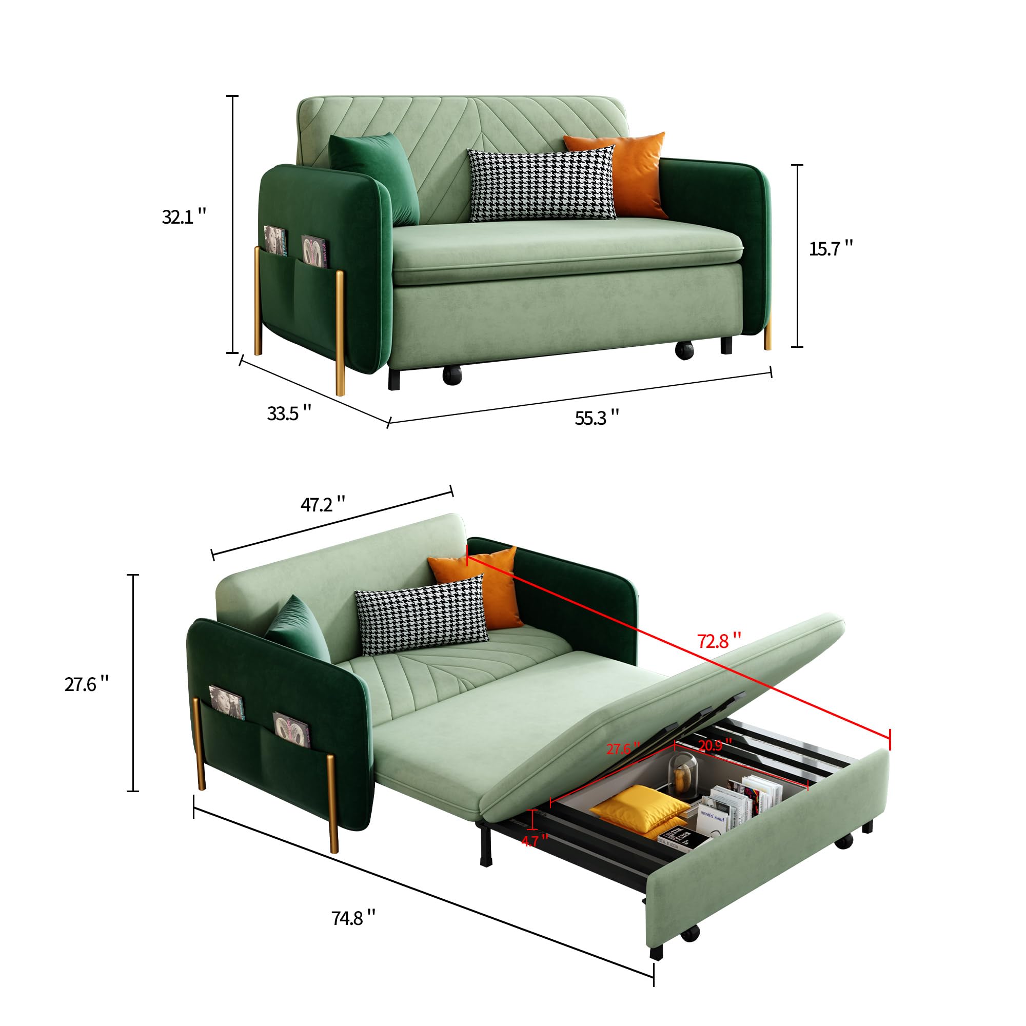 comfor u 53.5" Full Sleeper Sofa Green Upholstered Convertible Sofa Bed 3 in 1 Sleeper Sofa Couch Bed, Small Tufted Velvet Convertible Loveseat Futon Sofa w/Pullout Bed, Multi-Pockets for Living Room