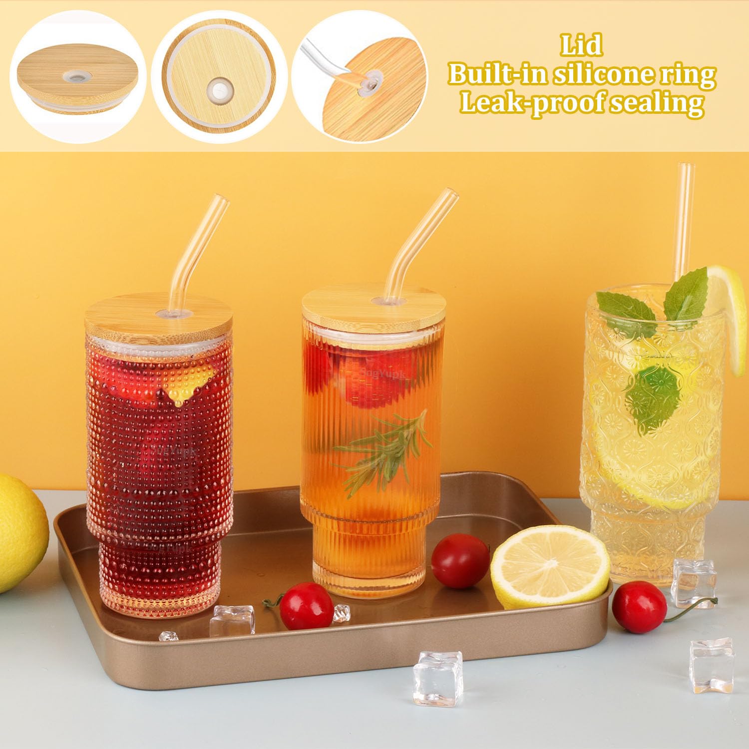 SogYupk Glass Cups Set with Straw/Bamboo Lid,12 oz Stackable Serving Drinking Glasses, Ideal for Whiskey/Cocktails/Juice/Coffee/Beer, Dishwasher Safe,3 Patterns of Vintage Glassware Sets.(6 Pcs)