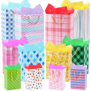 moretoes 12 pack gift bags assorted sizes and designs, gift bag set with handle and tissue paper for birthday, baby showers, wedding, valentine's day (4 small 8", 4 large 13", 4 extra large 16")