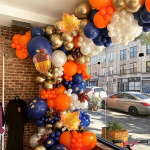 Fall Thanksgiving Balloon Garland Arch Kit, Navy Blue Metallic Gold Orange Ivory White Balloon Garland Kit for Fall Thanksgiving Autumn Birthday Fall Little Pumpkin Baby Shower Party Decorations