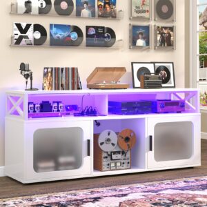 Aheaplus TV Stand for 55 60 Inch TV, Entertainment Center with LED Light & Charging Station, TV Console Table, Large Media Console Cabinet w/Soundbar Shelf, Cord Holes, for Living Room, Bedroom, White