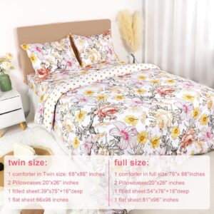 HNHUAMING Floral Twin Comforter Set for Girl,Reversible Comforter Twin Set, 5 Piece Twin Size Bed Set,Comfortable and Breathable Microfiber Bed in a Bag Set for Kid Girl