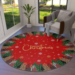 christmas round area rug 4ft buffalo plaid christmas trees floor carpets washable indoor floor area mat stain-proof mat non-skid rugs for living room dining kitchen bedroom nursery, snowflake