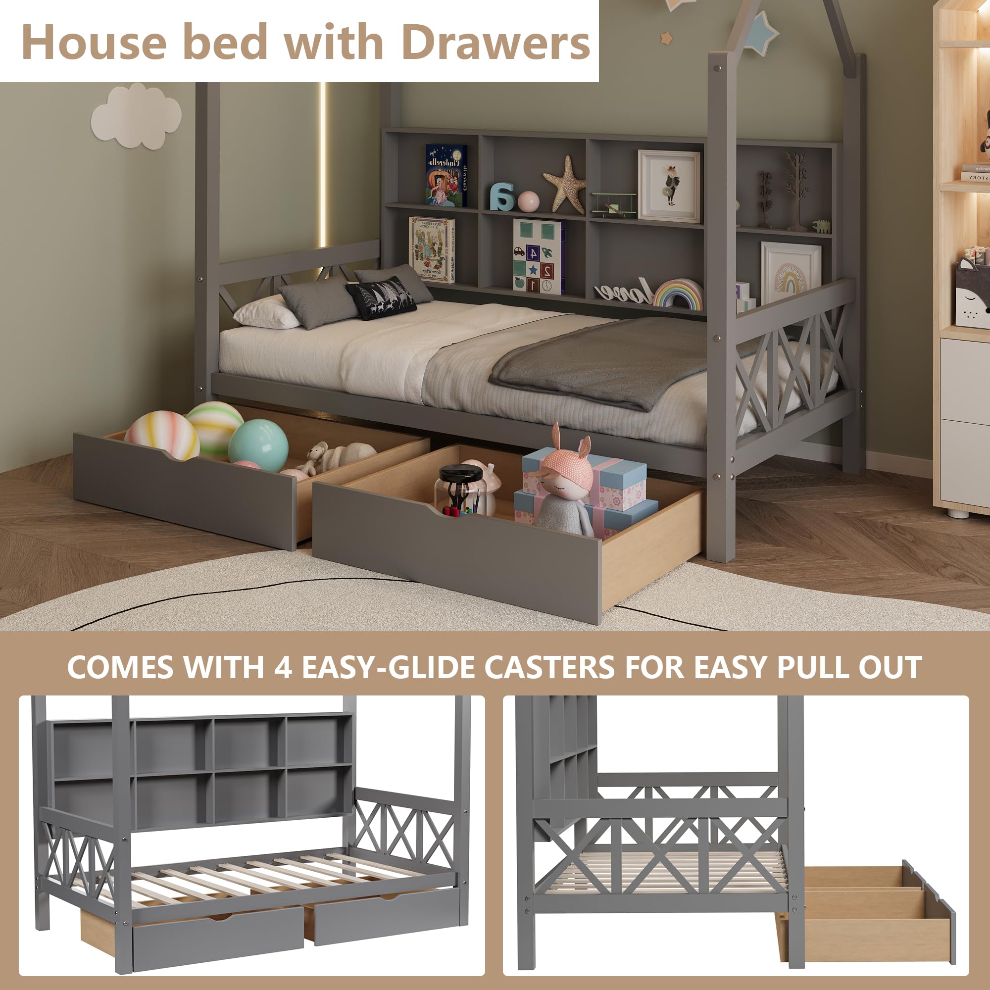 Bocarali Twin Bed Frame for Kids, House Bed with 2 Drawers, Platform Bed with Headboard and Wood Slats, Montessori House Bed with Fence for Boys Girls, 74.4" L x 40.2" W x 71" H, Gray