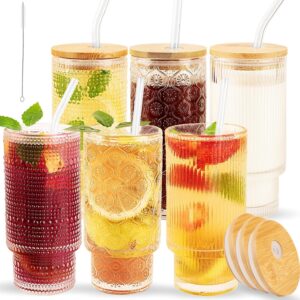 sogyupk glass cups set with straw/bamboo lid,12 oz stackable serving drinking glasses, ideal for whiskey/cocktails/juice/coffee/beer, dishwasher safe,3 patterns of vintage glassware sets.(6 pcs)