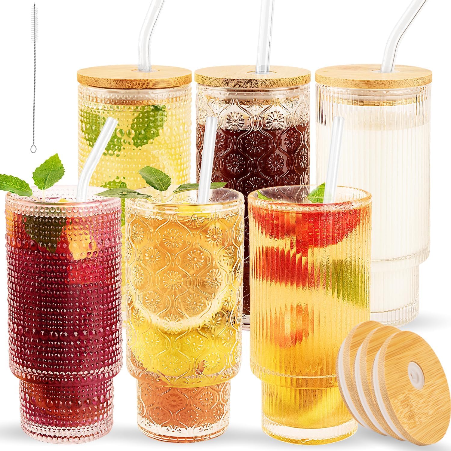 SogYupk Glass Cups Set with Straw/Bamboo Lid,12 oz Stackable Serving Drinking Glasses, Ideal for Whiskey/Cocktails/Juice/Coffee/Beer, Dishwasher Safe,3 Patterns of Vintage Glassware Sets.(6 Pcs)