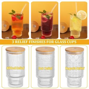 SogYupk Glass Cups Set with Straw/Bamboo Lid,12 oz Stackable Serving Drinking Glasses, Ideal for Whiskey/Cocktails/Juice/Coffee/Beer, Dishwasher Safe,3 Patterns of Vintage Glassware Sets.(6 Pcs)