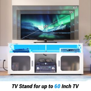 Aheaplus TV Stand for 55 60 Inch TV, Entertainment Center with LED Light & Charging Station, TV Console Table, Large Media Console Cabinet w/Soundbar Shelf, Cord Holes, for Living Room, Bedroom, White