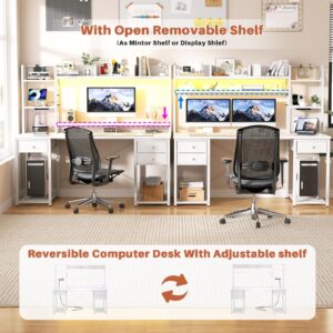 Aheaplus Desk with LED and Outlets, Gaming Desk with Hutch, 55.2'' Computer Desk with Drawers, Reversible Office Desk with Storage Bookshelf Large Workstation Desk with Shelf, Desk for Home, White