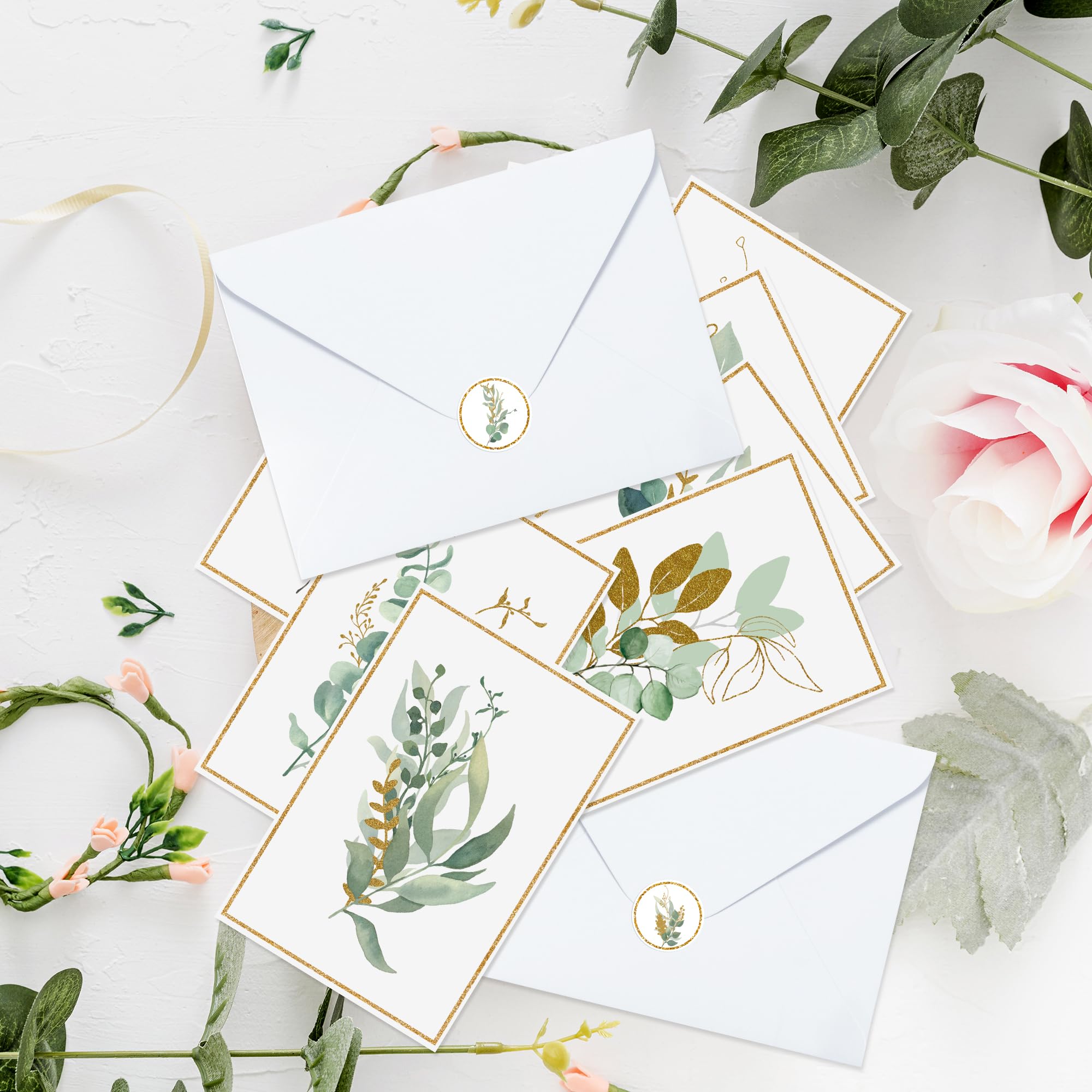 BeYumi 85Pcs Gold Greenery Greeting Cards with Envelopes Stickers Watercolor Botanical Note Cards Green Plant Thank You Blank Card for Birthday Wedding Graduation Anniversary Baby Shower Bridal Shower