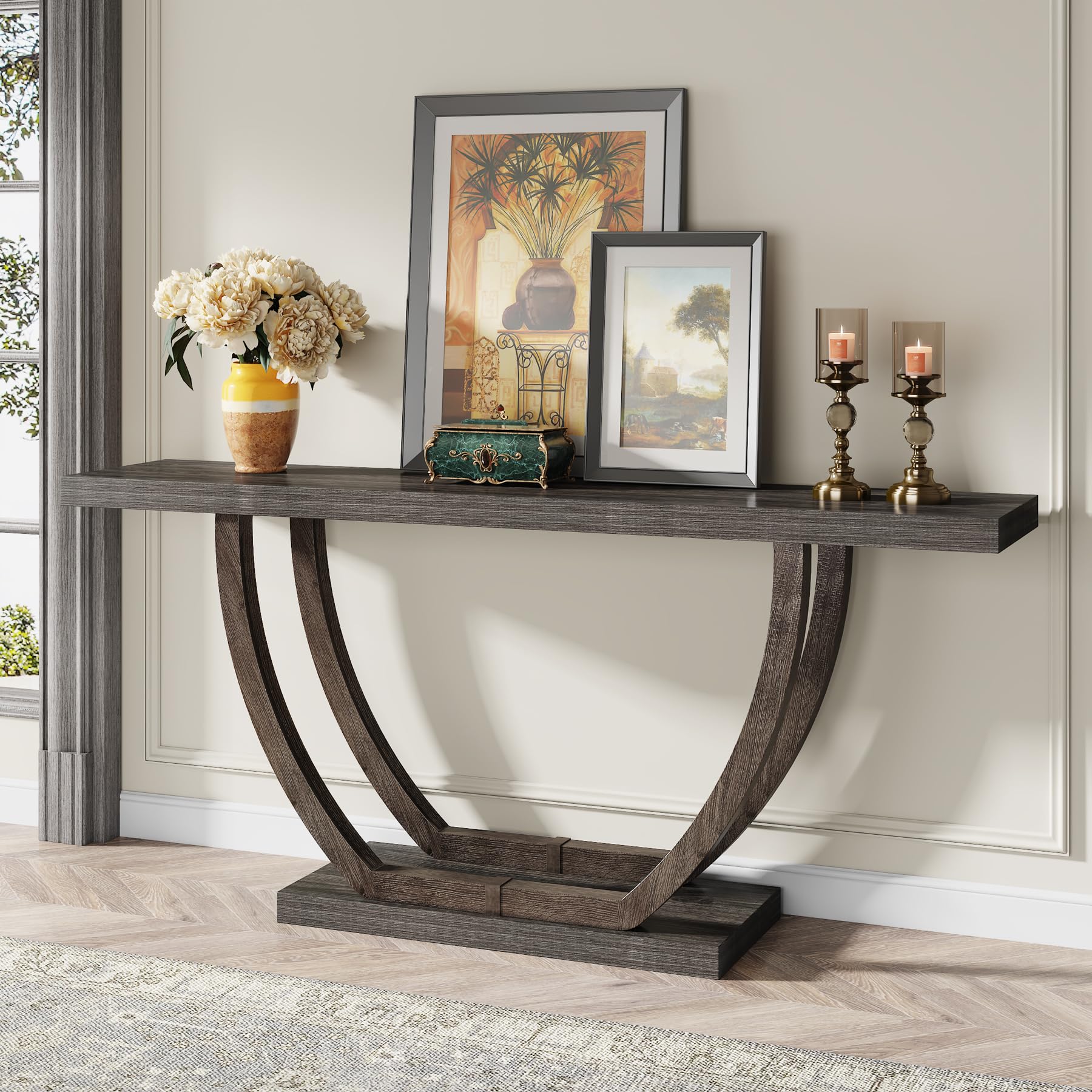 Tribesigns 63-Inch Skinny Console Table with Geometric Base 2-Tier Farmhouse Sofa Table Narrow Long, Thickened Behind Couch Table with Shelves for Living Room Foyer Corridor (Rustic Grey)