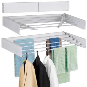 fochier f laundry drying rack wall mounted clothes drying rack collapsible 31.5" wide with 13.2 linear ft and 5 aluminum rods drilling template long screwdriver bit 60 lbs capacity white