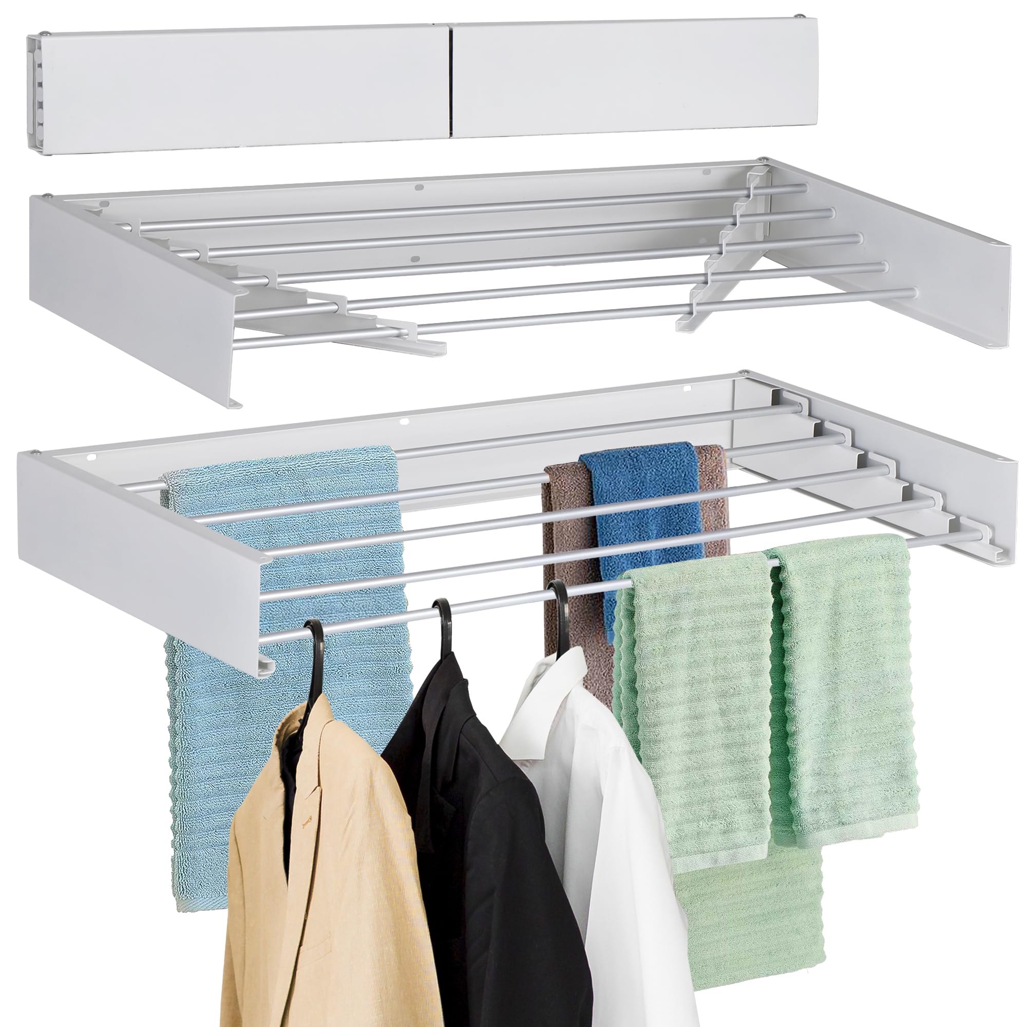 FOCHIER F Laundry Drying Rack Wall Mounted Clothes Drying Rack Collapsible 31.5" Wide with 13.2 Linear Ft and 5 Aluminum Rods Drilling Template Long Screwdriver Bit 60 lbs Capacity White