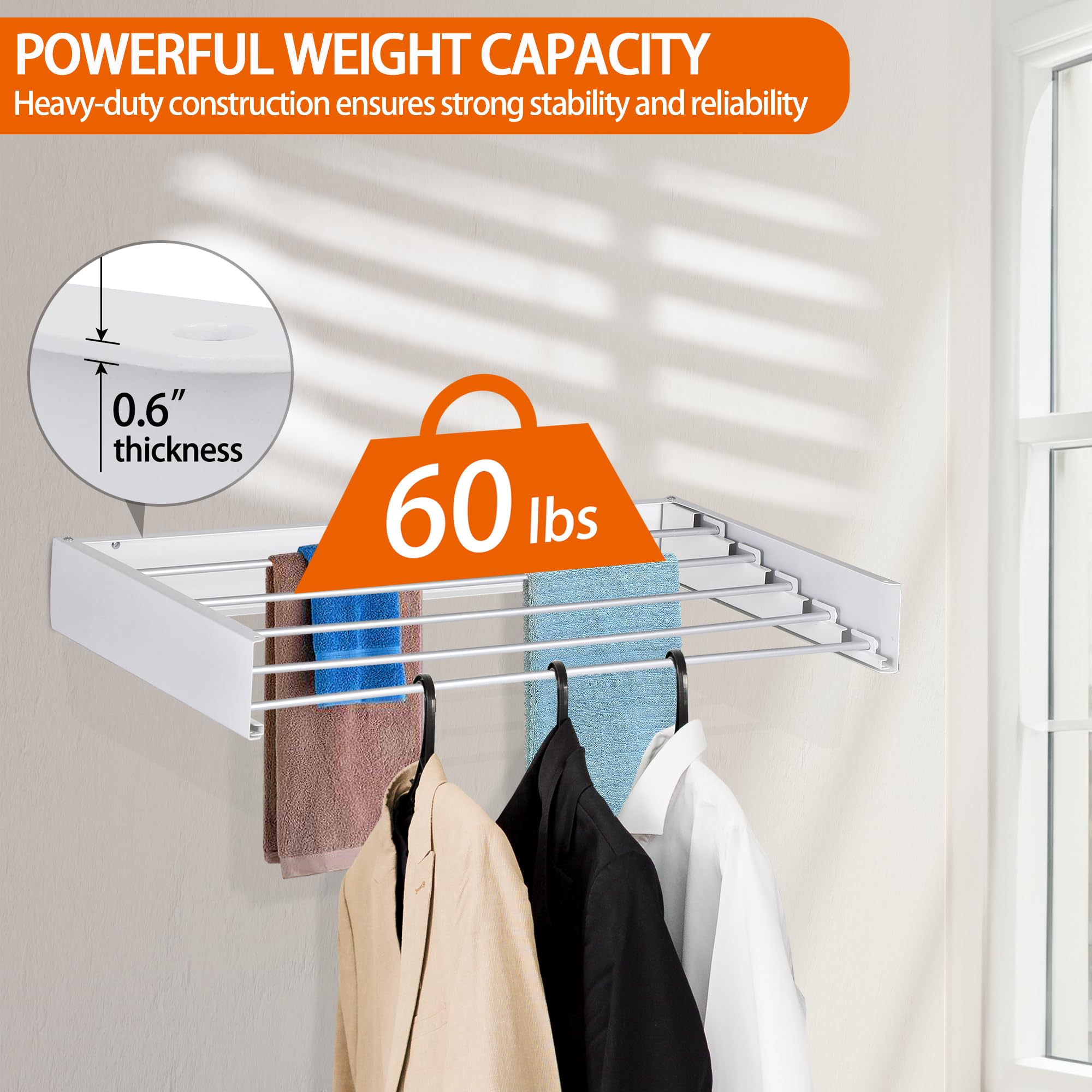 FOCHIER F Laundry Drying Rack Wall Mounted Clothes Drying Rack Collapsible 31.5" Wide with 13.2 Linear Ft and 5 Aluminum Rods Drilling Template Long Screwdriver Bit 60 lbs Capacity White