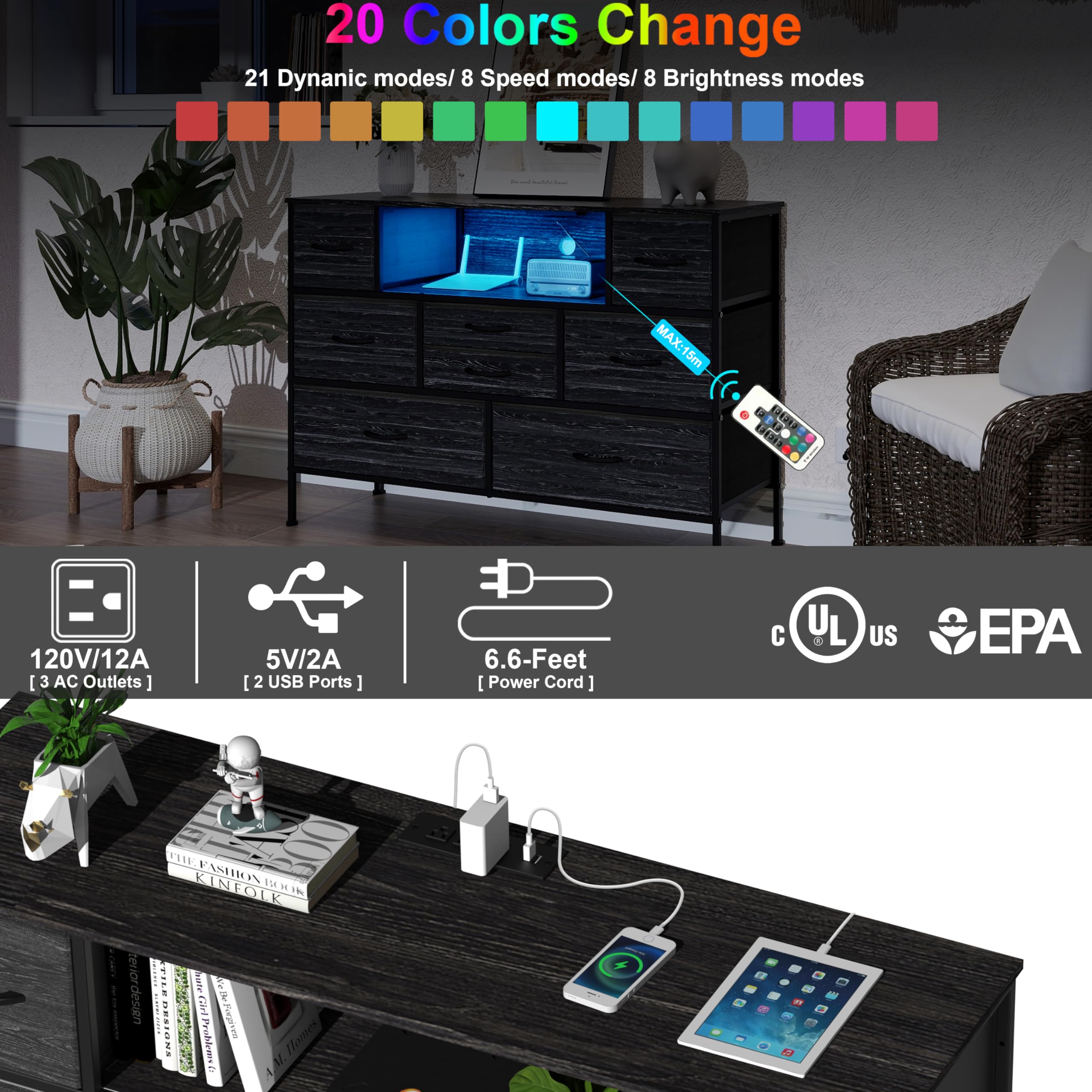 Simoretus Wide Dresser with Charging Station and LED Light for Bedroom 8 Fabric Drawers Chest of Drawers with Power Outlet Storage Open Shelf for Living Room TV Stand Closet Hallway (Charcoal Black)