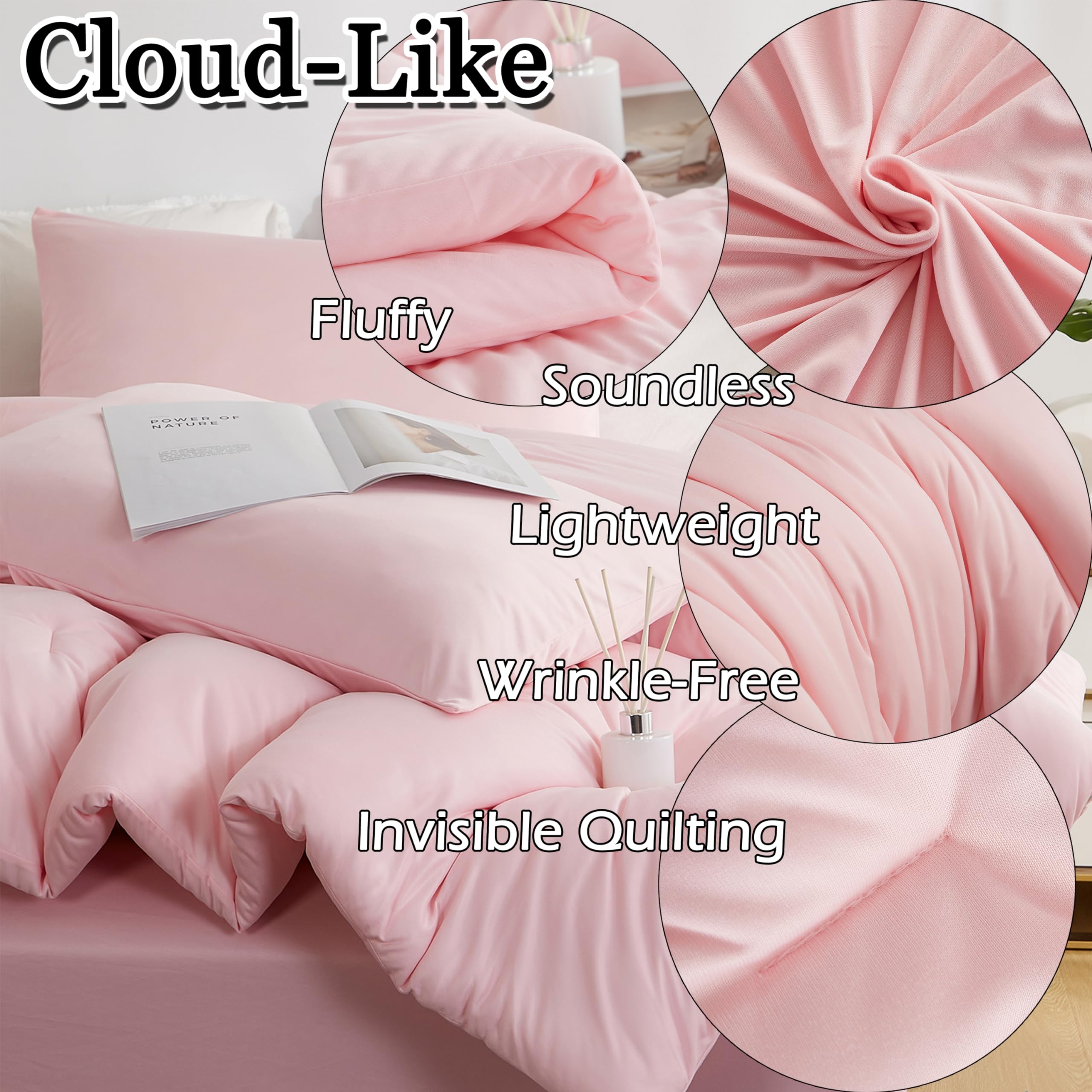 MorroMorn Pink Comforter Set Twin, 4 PCS Bed in a Bag for All Season, Pink Bed Set Cloud Comforters, Fitted Sheets, Pillowcases, Soft for Girls Kids Teen Preppy Dorm (Pink, Twin/Twin XL)